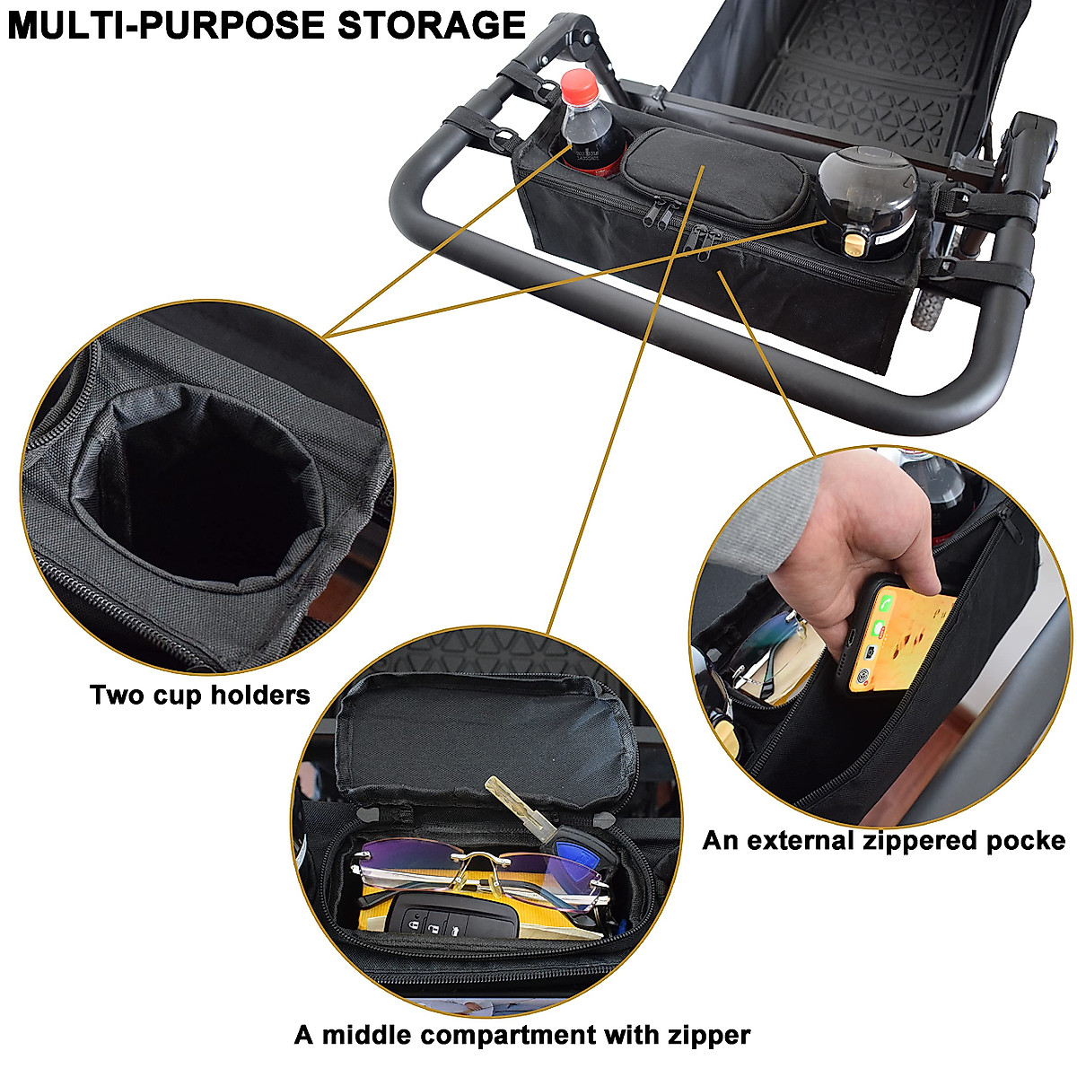 YEEDOIDO Non-Slip Organizer for Wagon, Parent Console Caddy with Cup Holders Universal for Folding Kids Pet Stroller Adjustable Straps Zippered Pockets Storage Phone Bag Attachment Accessories, Black