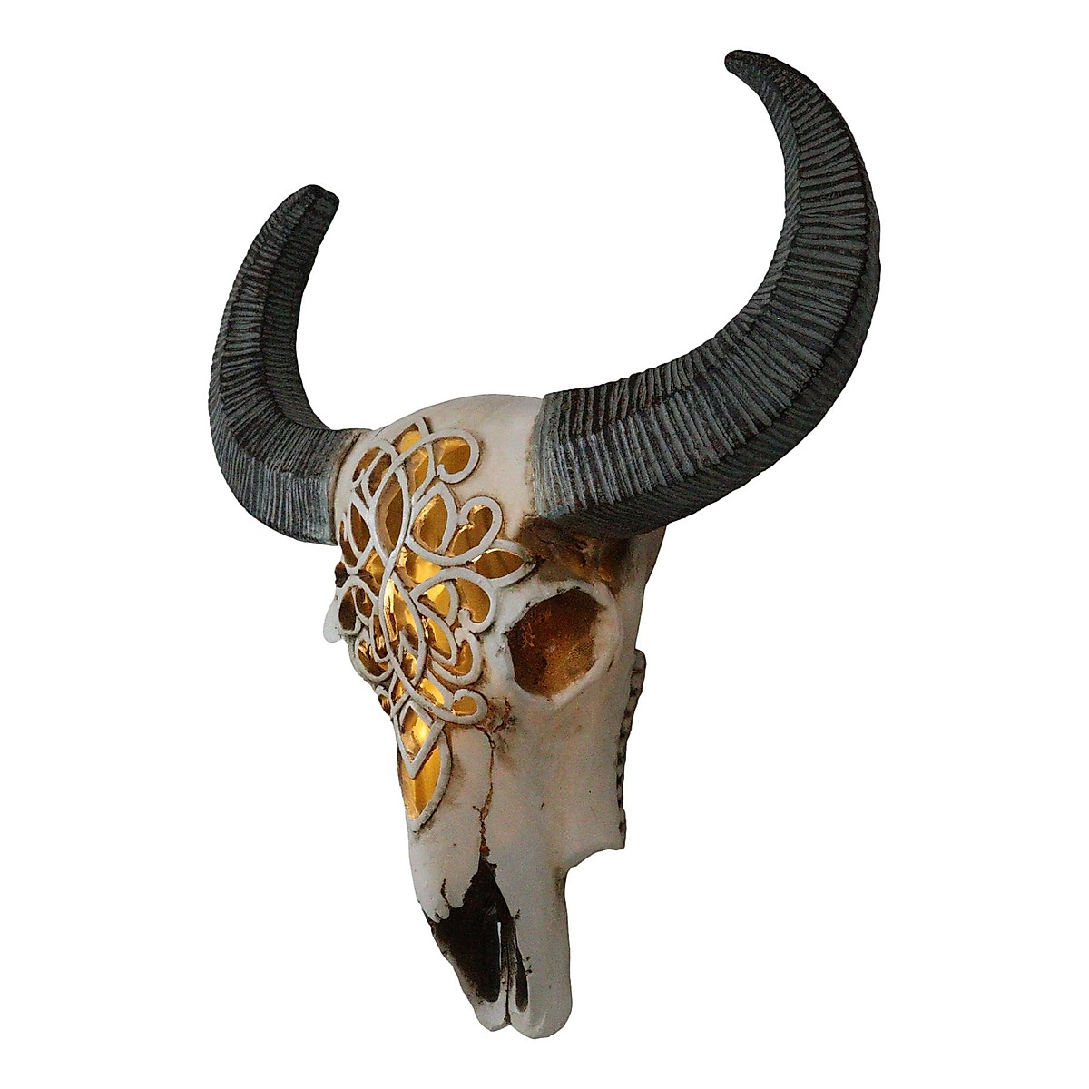 Ebros 16.5" Tall Southwest Aged Bone Tooled Filigree Lace Design Steer Bison Buffalo Bull Cow Horned Skull Head Night Light Lamp LED Wall Decor Plaque Skulls Western Accent Lighting