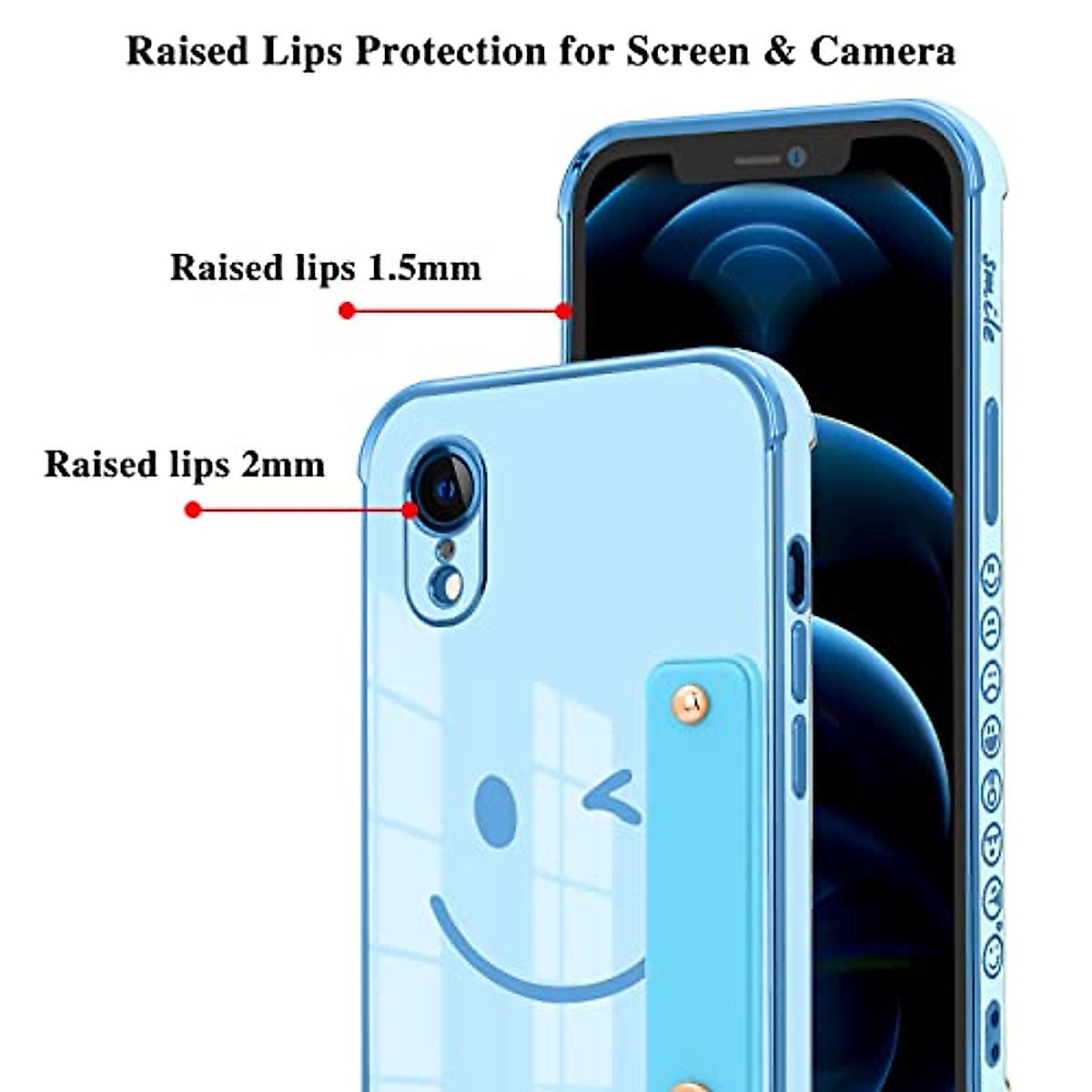 Uioeua Compatible with iPhone XR Case with Smiley Face Pattern,Soft TPU Cute Plating Wristband Holder Case Camera Lens Protection Side Small Pattern Shockproof Wrist Strap Case Women Girls-Sky Blue