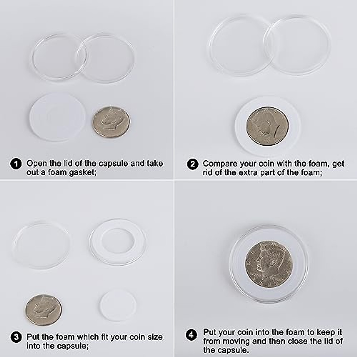 WAEKIYTL 46mm Coin Capsules with 11 Sizes Foam Gasket and Plastic Storage Organizer Box, Coin Storage Case with Lock Coin Collection Supplies for Dime,Cent,Nickel,Quarter,Silver Dollar,Half Dollar (White Foam Gasket)