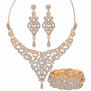 Paxuan Silver Gold Plated Wedding Jewelry Sets Bridal Necklace Rhinestone Earrings Bracelets