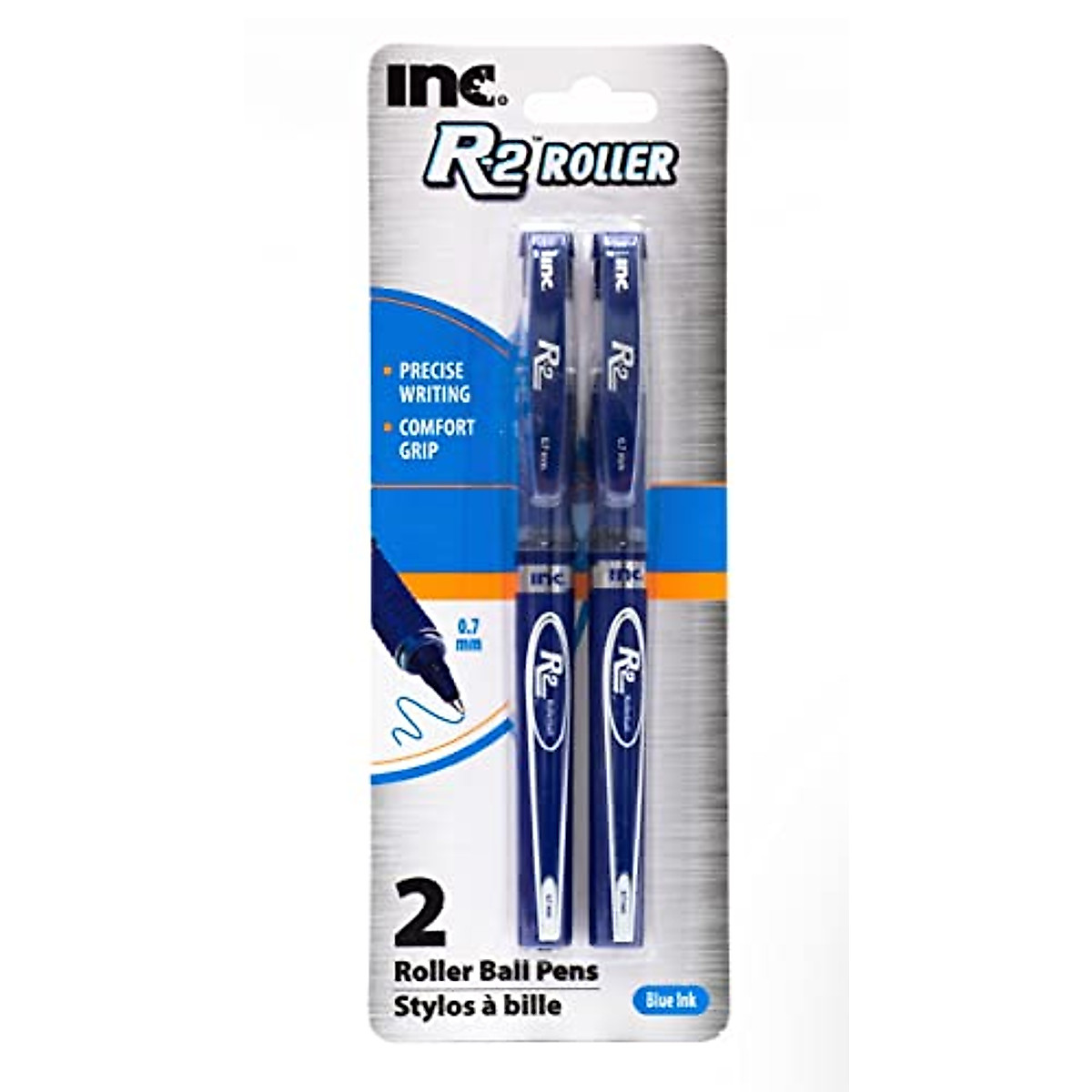 INC 0.7 mm R-2 Roller Ball Pen,Controlled Ink Flow System, Blue Ink, Comfort Grip, 2 pack