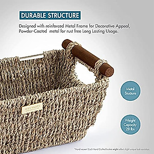 ADO Basics Seagrass Hand Woven Basket with Stain Resistant Polished Wooden Handles, Toilet paper Storage Wicker Baskets 12 inches Length, 6.29 inches Width, 4.25 inches Height, Natural