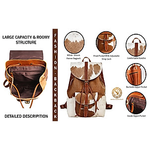 SH SHIFAA HANDICRAFT Leather Backpack Purse for Women & Men Travel Rucksack Hiking School Tote Bag Large 16 Inches Shoulder Laptop Bag Cowhide Hair-on Leather Bag