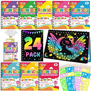 Scratch Art Party Favors for Kids: 24 Pack Rainbow Scratch Notebook Bulk Kids Craft School Supplies for Girls Boys 4-8 Years Old Kids Birthday Goodie Bags Christmas Gifts Classroom Prizes for Kids