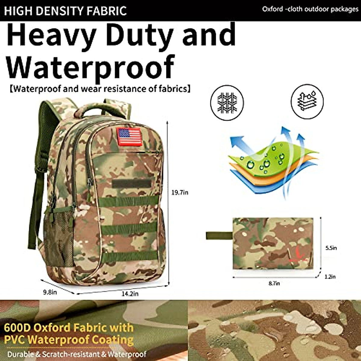 Camo Backpack for Men,Army Military Boys Backpack for School with Pen Bag,40l Waterproof Day Pack for Outdoor Travel Camping