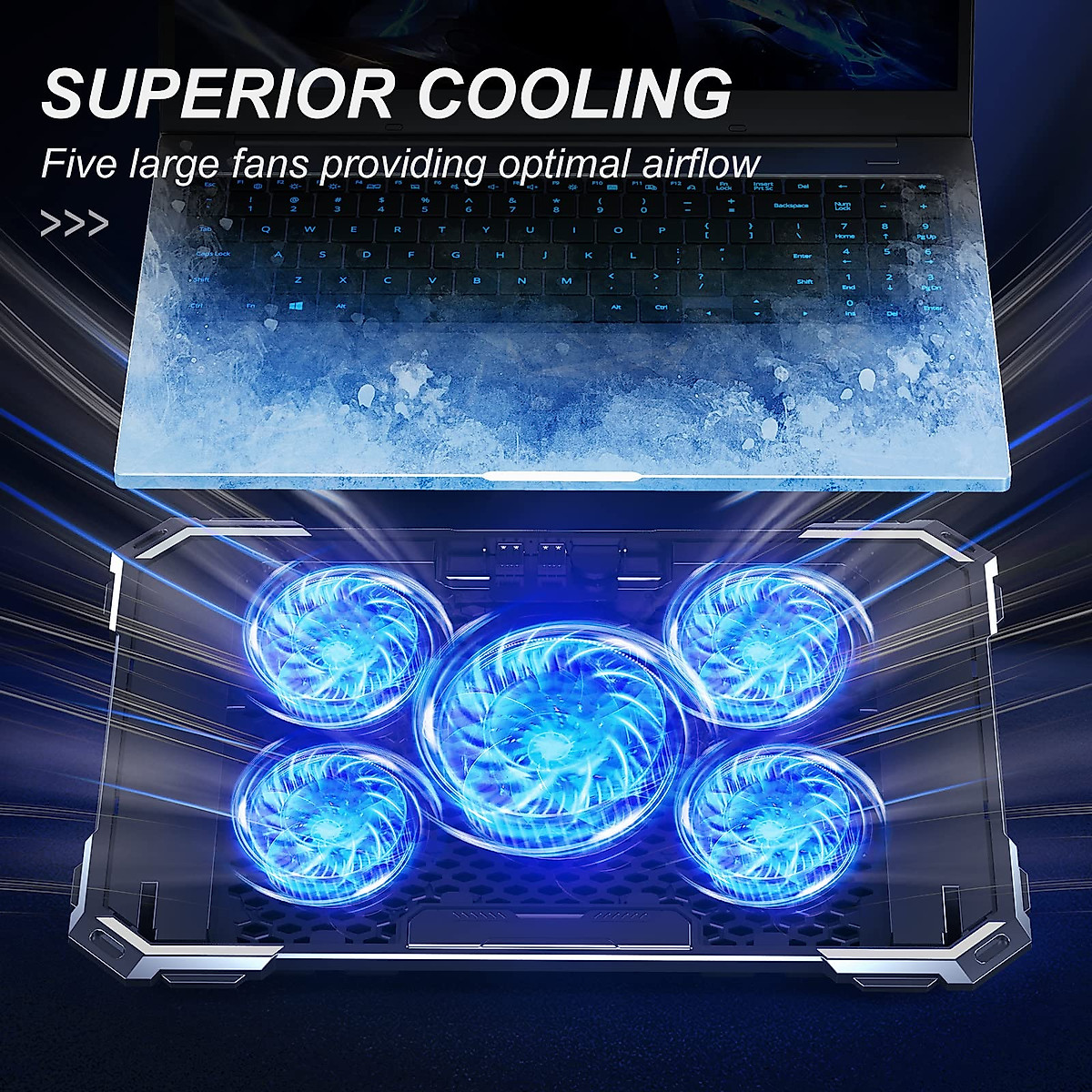 KYOLLY Upgrade Laptop Cooling Pad,Gaming Laptop Cooler with 5 Quiet Fans,2 USB Ports,5 Adjustable Stand Height,Blue LED Lights,for 15.6 Inch Laptops