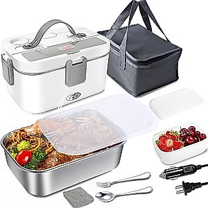 NZN Electric Lunch Box Food Heater,1.8L Portable Car Food Warmer Heating Lunch Box, Heated Lunch Boxes for Adults/Car/Truck/Home/Work, 12V 24V 110V 80W (White & Gray)