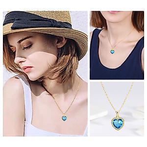 VONSSY Classic Heart Pendant Gemstone Necklace | Crystal Birthstone Necklace| 18K Platinum Gold Plated Chain | Vintage Meaningful Jewelry Gift for Mother Wife Girlfriend (Light Sapphire Blue-Gold)