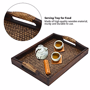 Multi-Purpose Serving Tray for Tea Set Rectangle Food Tray Serving Plate Vintage Rattan Wood Display Stand for Fruits Candies Food Home Parties Supply