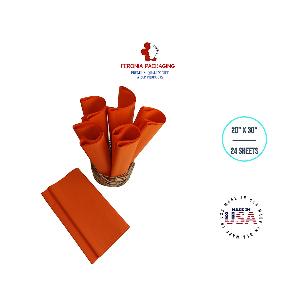 Orange Tissue Paper Squares, Bulk 24 Sheets, Premium Gift Wrap and Art Supplies for Birthdays, Holidays, or Presents by Feronia packaging, Large 20 Inch x 30 Inch