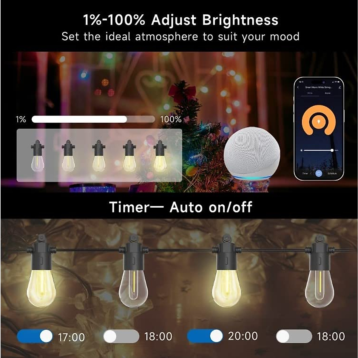 Hiismarter Patio Outdoor Lights, 48ft Smart LED String Lights with Alexa Control, Dimmable and Waterproof for Perfect Balcony, Backyard, Party, Wedding, Christmas and Camping Ambience