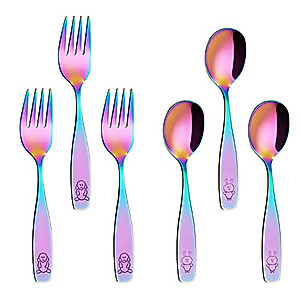 ANNOVA Kids Silverware Children's Safe Flatware Set Stainless Steel - Children Forks, Children Tablespoons, Toddler Utensils, Metal Cutlery Set for LunchBox (Engraved Dog Bunny) (UV Rainbow, 6 Pieces)