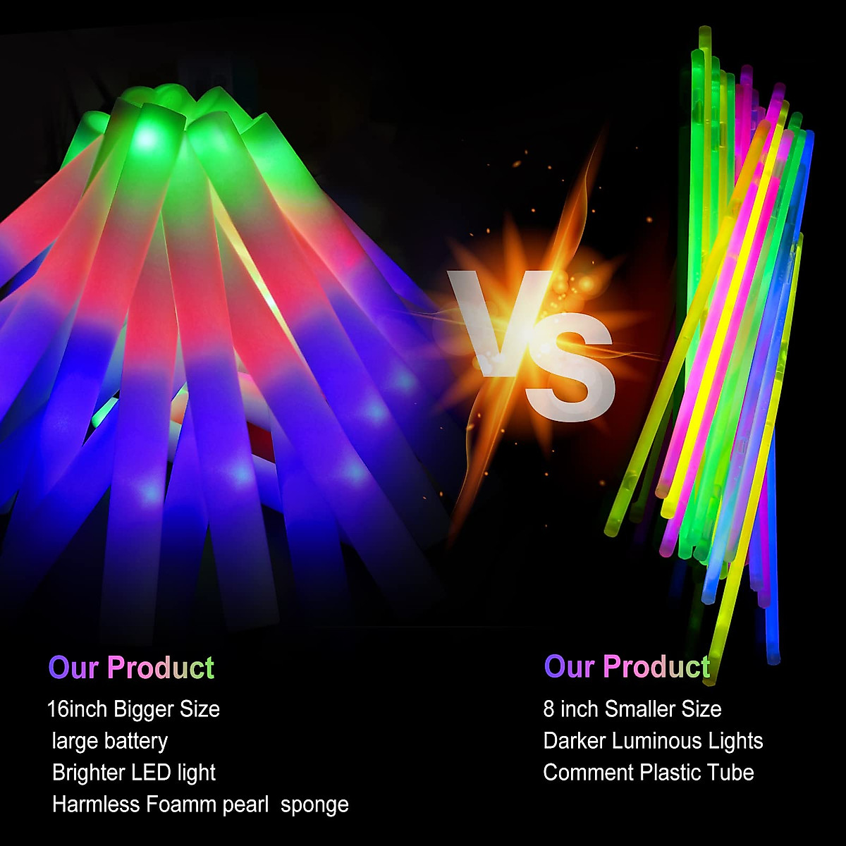 LifBetter 42 Pcs Glow Sticks Bulk- LED Foam Sticks in The Dark with 3 Modes Flashing Led Foam Multicolor Batons Light up Party Favors for Birthdays, Weddings, Concerts, Festivals