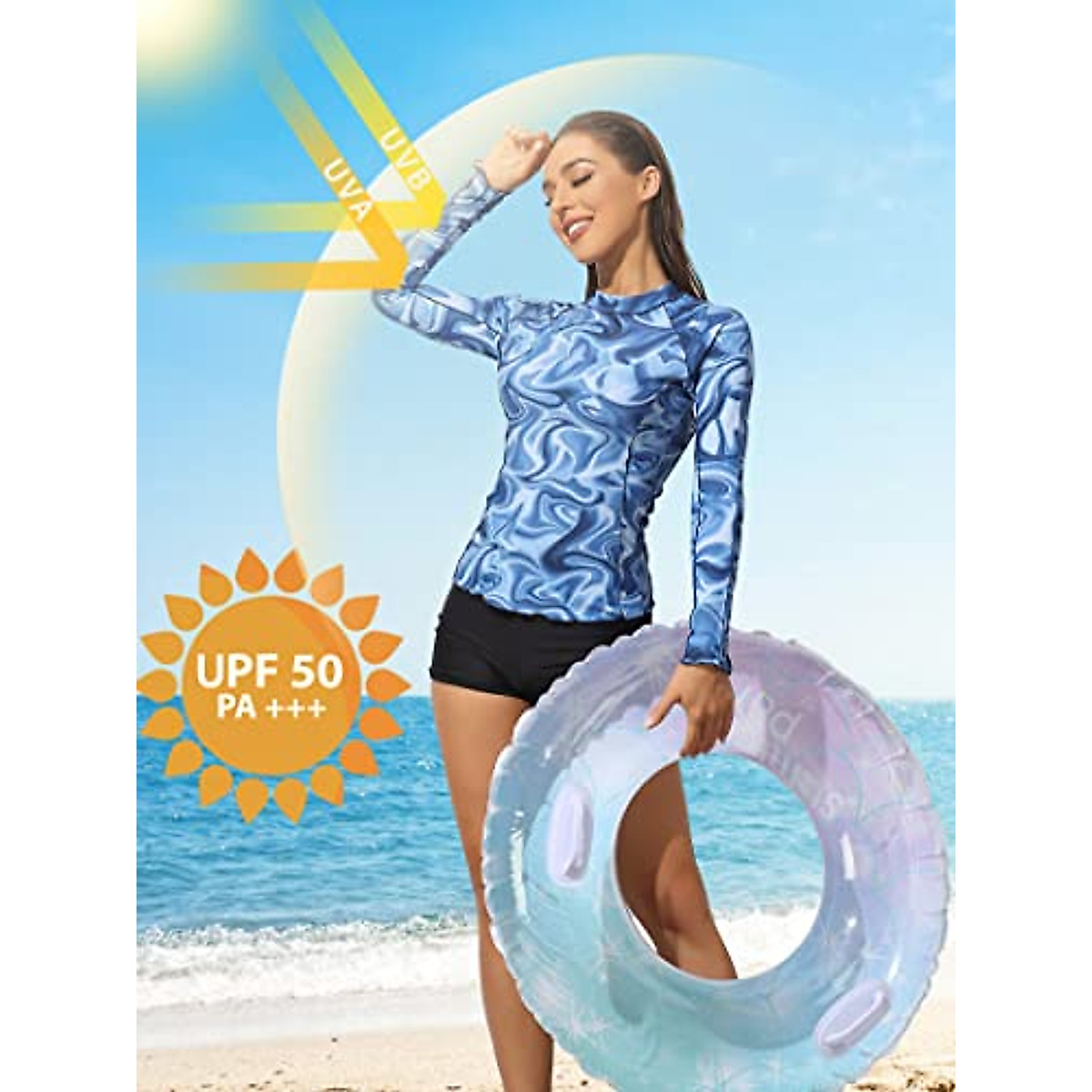 ATTRACO Rash Guard for Women Long Sleeve Swim Shirt Y2K Skiny UV Swimsuit Top UPF 50+ Blue L