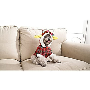Filhome Puppy Dog Christmas Reindeer Costume, Pet Cat Elk Costume Hoodie Christmas Winter Coat Clothes Xmas Outfit Apparel for Party Cosplay Xmas Pet Dress Up(Red Plaid/L)