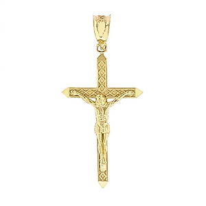 Solid 10k Yellow Gold Passion Catholic Cross Crucifix Charm Pendant (1.23")