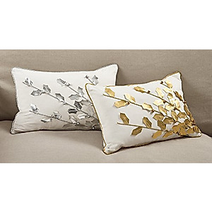 SARO LIFESTYLE Metallic Poinsettia Branch Design Holiday Cotton Poly Filled Throw Pillow, 12" x 18", Silver