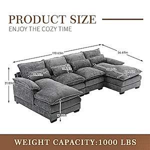 Eafurn Free Combination U Shaped Sectional Chaise Lounge,Velvet Upholstery Symmetrical Modular Solid Wood Legs,Convertible Sleeper Sofa & Couch Living Room Furniture Sets, Gray 110.63"