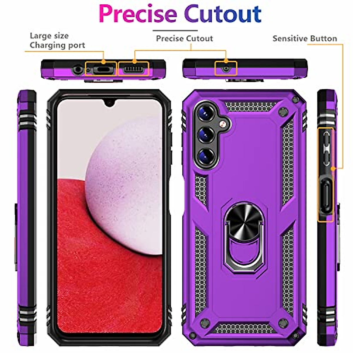 Samsung Galaxy A14 5G Case with Screen Protector [2 Pack], [Military Grade] 16ft. Drop Tested Shockproof Phone Cover with Ring Magnetic Kickstand for Samsung Galaxy A14 5G, Purple