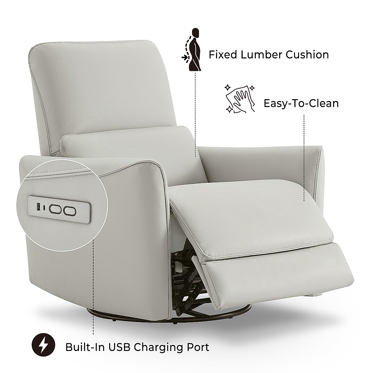 CHITA Power Recliner Swivel Glider, FSC Certified Upholstered Faux Leather Living Room Reclining Sofa Chair with Lumbar Support, Cream