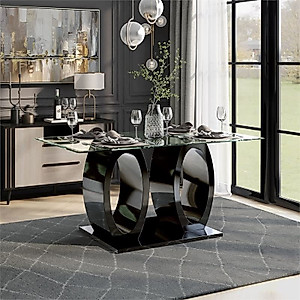 BOWERY HILL Contemporary Tempered Glass Top Double Pedestal Dining Table in Black