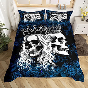 Manfei Gothic Skull Duvet Cover Set King Size, Skeleton Couple Comforter Cover with 2 Pillowcases, Blue Rose Flower Bedding Set 3pcs for Kids Boys Girls Adults Room Decor Lightweight Bedspread Cover