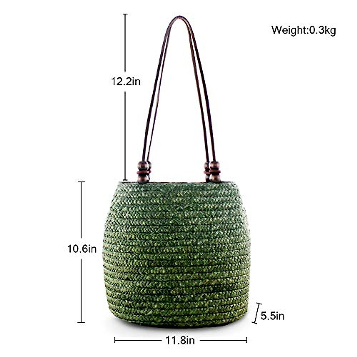 QTKJ Women Retro Bucket Straw Bag Handwoven Rattan Beach Tote Shoulder Bag with Brown Bead (Green)