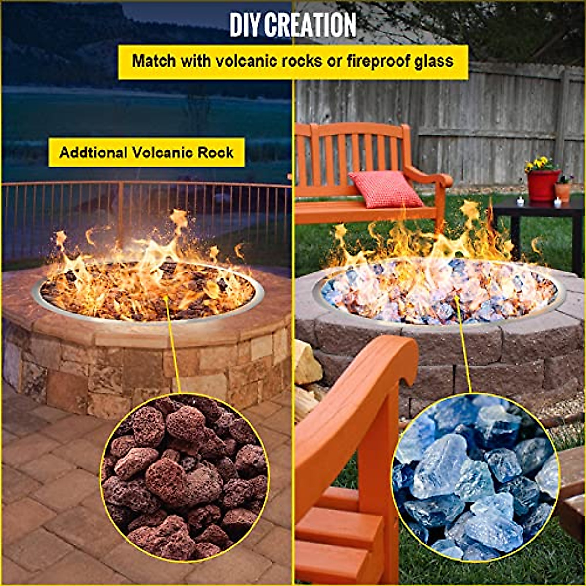 VEVOR Drop in Fire Pit Pan, 19" x 19" Round Fire Pit Burner, Stainless Steel Gas Fire Pan, Fire Pit Burner Pan w/ 1 Pack Volcanic Rock Fire Pit Insert w/ 90K BTU for Keeping Warm w/Family & Friends