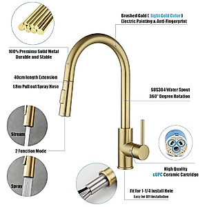 Havin Gold Kitchen Faucet with Pull Down Sprayer, High Arc Stainless Steel Material, with cUPC Ceramic Cartridge,with 10" Deck Plate,Fit for 1 or 3 Holes Kitchen Sink or Laundry Sink,Brushed Gold
