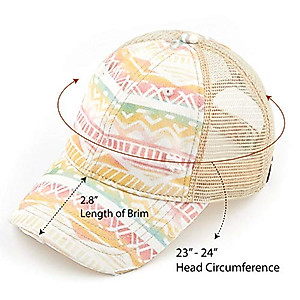 C.C Washed Distressed Cotton Denim Ponytail Hat Adjustable Baseball Cap (BT-929) (A Aztec Patten/Ivory)