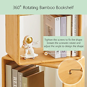 4-Tier Modern Rotating Bamboo Bookcase, DIY Free-Standing Bookshelf Large Capacity Creative Open Book Cabinet, 2 in 1 Nightstand Storage Organizer Lattice Shelf for Home, Office, Living Room, 4-Cube