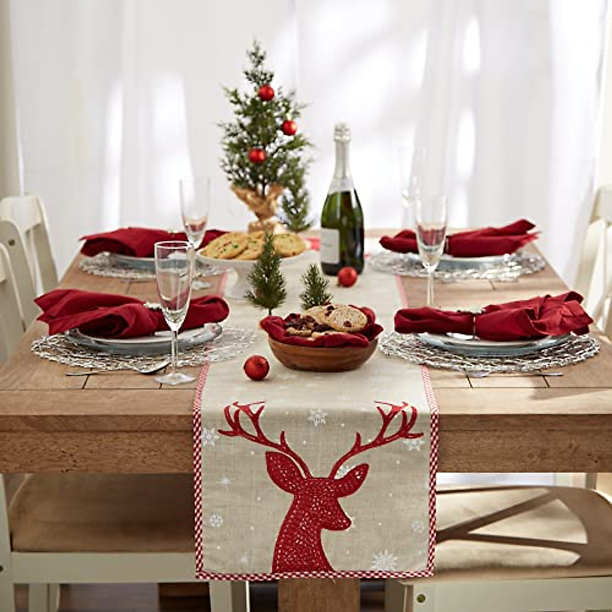 DII Holiday Dining Table Decoration Embroidered Christmas Table Runner, 14x70, Red Reindeer & Snowflakes