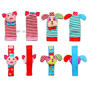 FunsLane 8 Packs Kids Rattle, Kids Wrist Rattles and Foot Finder Socks Set, Educational Development Soft Animal Toy Shower Gift with Monkey, Elephant, Puppy and Piggy