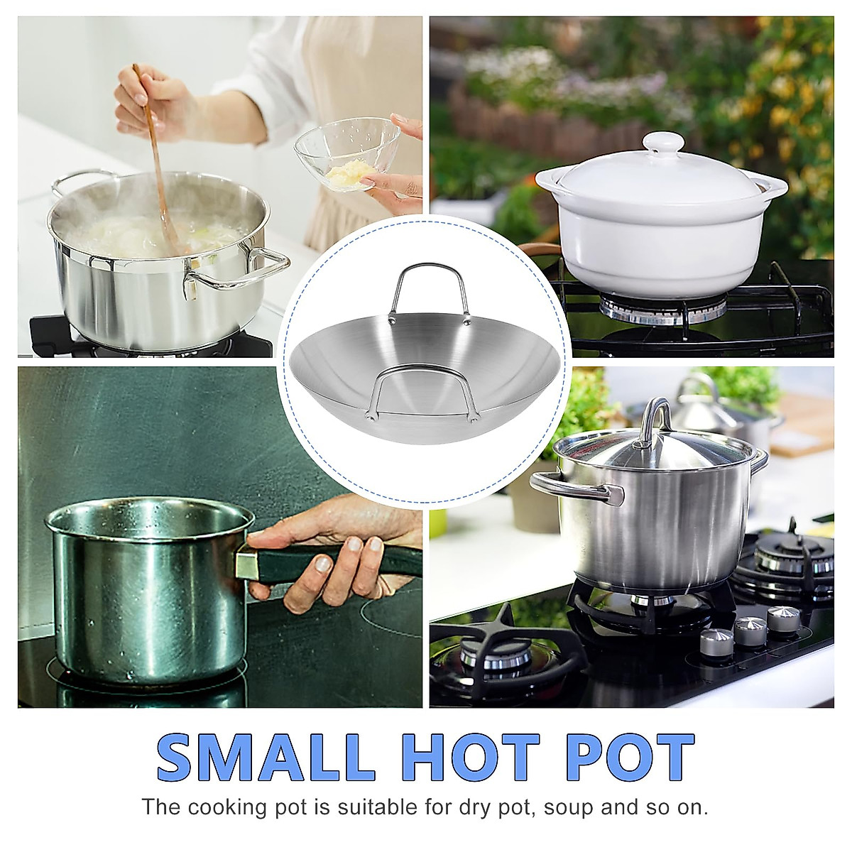 BESTonZON 10 inch Stainless Steel Wok, Dual Handled Wok Round Bottom Wok Traditional Style Frying Pan Cooking Pot for Kitchen Restaurant Home, 26cm Wok