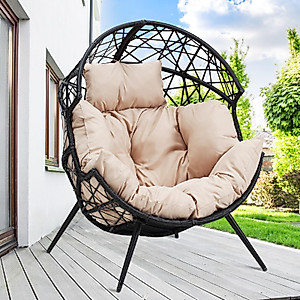 GOOGIC Patio Wicker Egg Chair,Outdoor Egg Chair with Cushion,Oversized Indoor Outdoor Egg Basket Lounge Chair for Patio, Backyard,Living Room,Garden,Steel Frame - Beige
