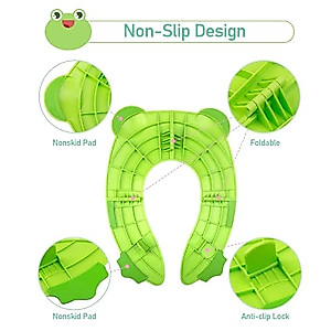 Pejoye Foldable Potty Toilet Training Seat, Travel Portable Toilet Seat Toddler, Folding Potty Training Seat for Kids with 6 Anti Slip Silicone Pads and 1 Carry Bag, Green Frog