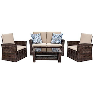 Shintenchi Outdoor Patio Furniture 4 Piece Set, Wicker Rattan Sectional Sofa Couch with Glass Coffee Table | Brown