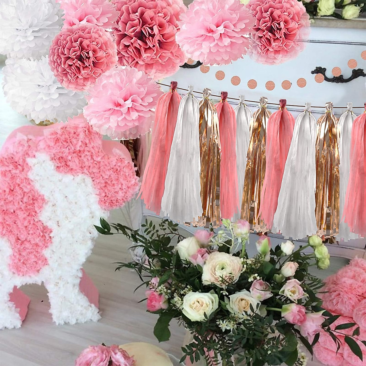 OuMuaMua Pink Rose Gold Birthday Party Decorations Set, Rose Gold Glittery Happy Birthday banner, Tissue Paper Pom, Circle Dots Garland and Tassel Garland for Birthday Party Decorations