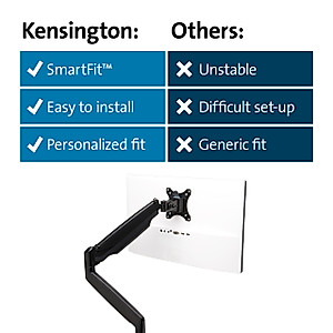 Kensington Single Monitor Arm with Vesa Mount, Adjustable Gas Spring Desk Monitor Arm, SmartFit® One-Touch Heavy Duty Monitor Stand for Ultrawide Monitors Up to 34 Inches, 19.8lbs - Black (K59600WW)