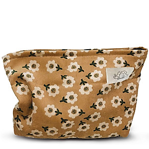 HAPPYHEIDI Women Floral Corduroy Canvas Travel Makeup Bag Cosmetic Pouch Purse Organizer, Khaki