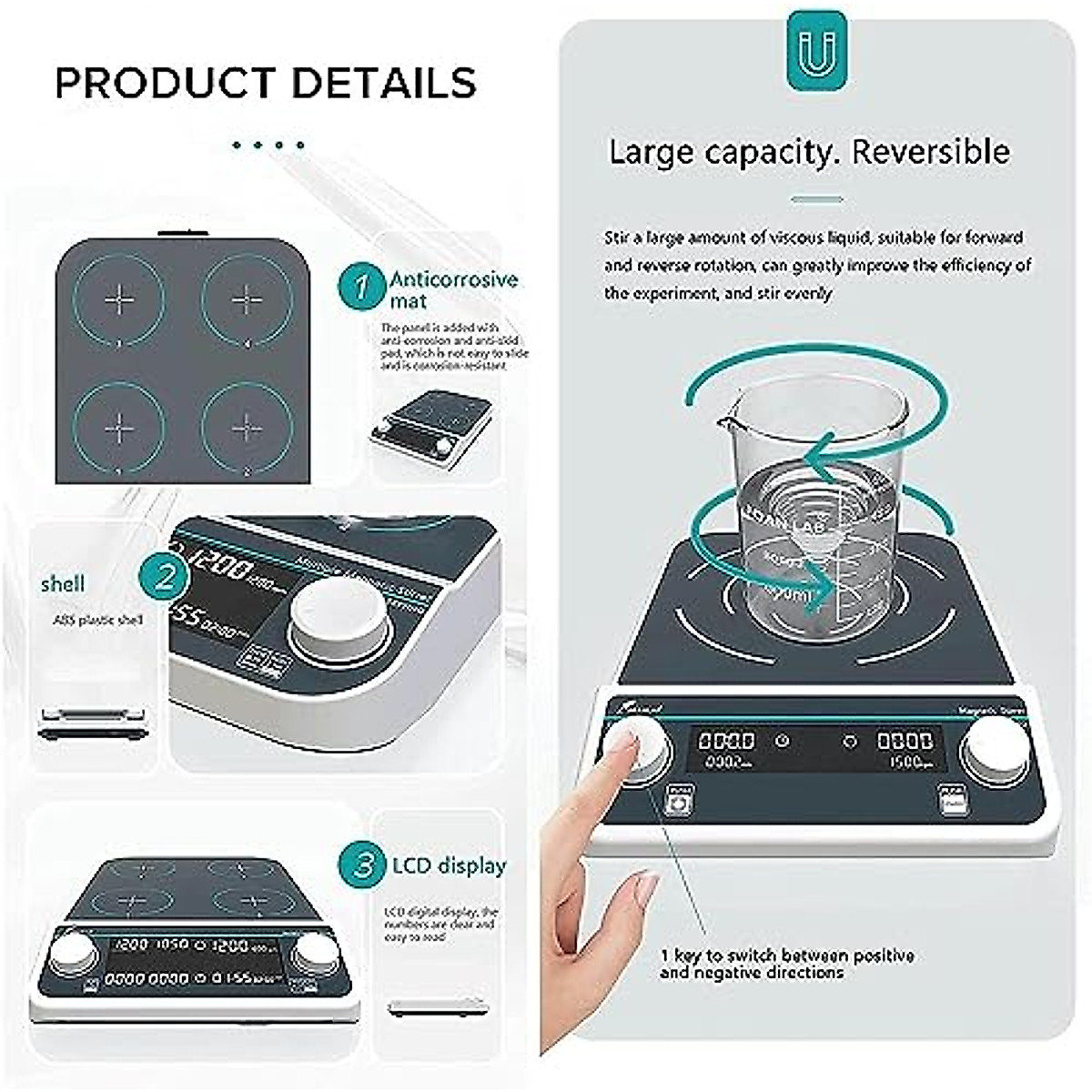 XENITE 10L/20L/50L Digital Display Lab Magnetic Stirrer，50-1500Rpm，23H/ 59Min/ 59Sec，Can Be Rotated Forwards and Backwards，with Stir Bar,20L