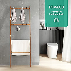 Blanket Ladder for Living Room, Farmhouse Wall Leaning Bamboo Wooden Towel Racks for Bathroom,Towel Ladder Shelf,Decorative Quilt Display Rack Blanket Holder with 8 Hooks (Large,5 ft,Dark Brown)