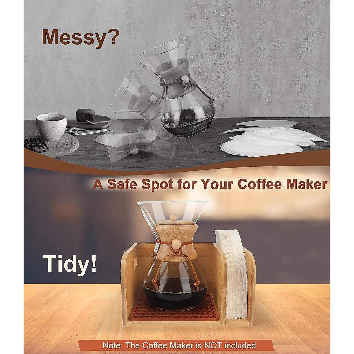 PrimZooty Bamboo Caddy with Lid & Heatproof Trivets Mat for Chemex CoffeeMakers - Designed for Chemex Pour - Over Glass Coffeemaker(3/5/6/8/10Cup), for Bodum Pour Over Coffee makers(4/8Cup)