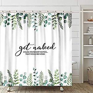 Kas Home Funny Quotes Fabric Shower Curtain Modern Farmhouse Bathroom Curtain Set with Hooks Tropical Green Leaves Shower Curtain for Bathroom Decor (White - GN, 72 X 72 inch)