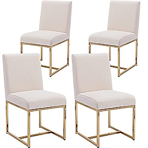 Set of 4 Linen Upholstered Dining Room Chairs, Mid Century Modern Fabric Chair for Dining Room, with Golden Finish Metal Frame, Cream