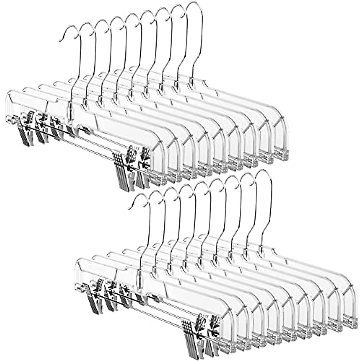 HOUSE DAY 25 Pack Clear Pants Hangers with Clips, Non-Slip Skirt Hangers with Adjustable Clips, Heavy Duty Slim Plastic Hangers 14" 360-Rotating Swivel Hook, Clip Hangers for Pants, Trousers, Skirts