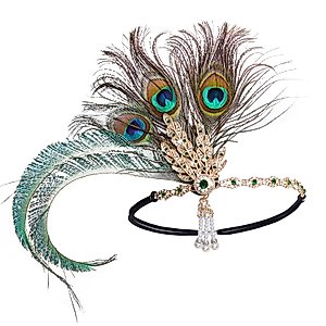 Tongcloud 1920s Flapper Feather Headband Roaring 20s Gatsby Headpiece Women's 1920s Headband Flapper Feather Headpiece(Peacock Green)