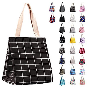 iknoe Insulated Lunch Bag for Women, Durable Wide-Open Foldable & Portable Lunch Tote with Interior Pockets, Water-resistant Thermal Lunch Cooler for Adults Picnic Beach-Black Plaid