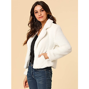 Allegra K Women's Cropped Faux Fur Jacket Lapel Cardigan Shrug 2024 Winter Fluffy Faux Fur Coat Large White